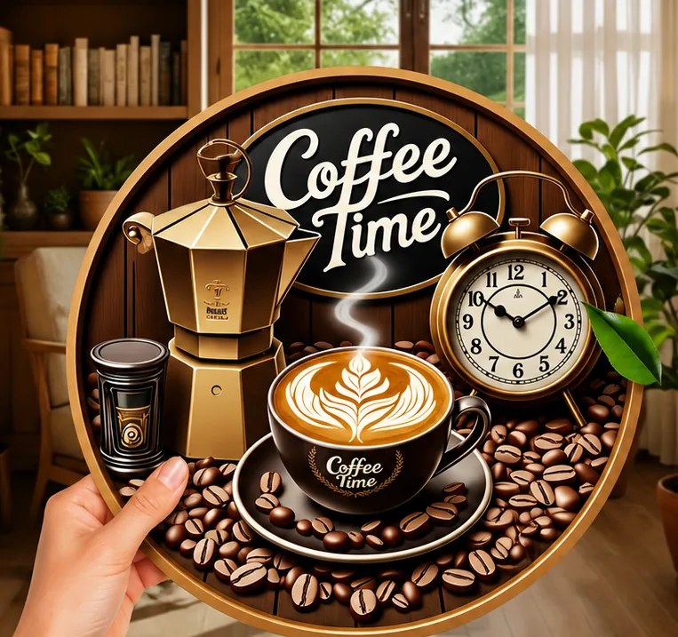 nástěnné hodiny, 2D, malé, dřevo, 20x20 cm, coffee styl, Dekorino HN20260003