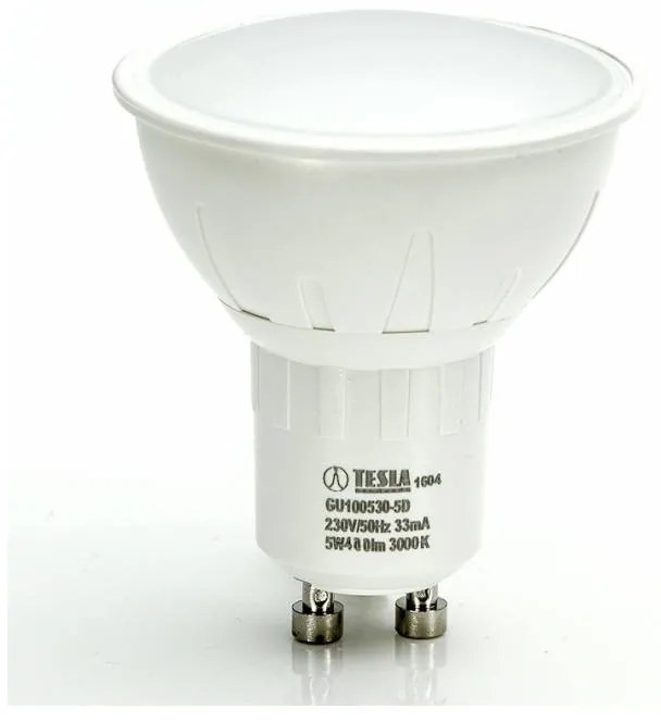 TESLA LED žárovka GU10 5W 230V 400lm 30 000h 3000K teplá bílá 100° stmívatelná