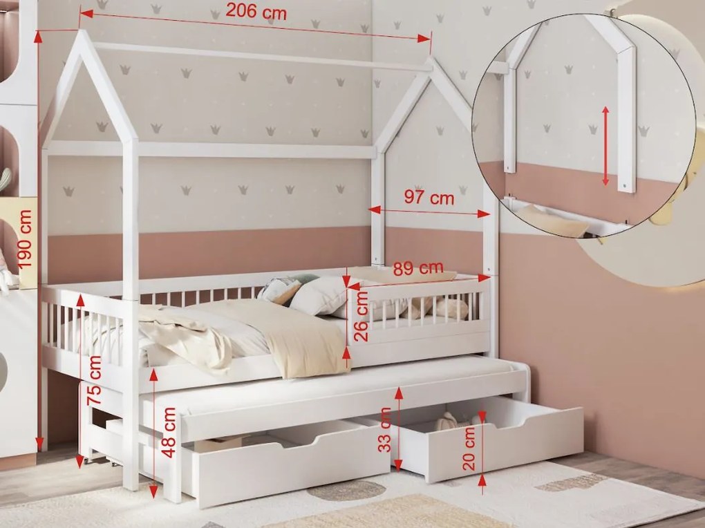 Dětská domečková postel z masivu borovice ASHER II se šuplíky a přistýlkou - 200x90 cm - šedá