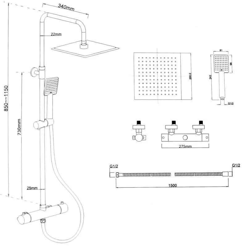 Erga Flova, sprchová souprava s termostatickou baterií a dešťovou hlavicí 20x20cm, černá matná, ERG-YKA-BP.FLOVA THERM 20 BLK
