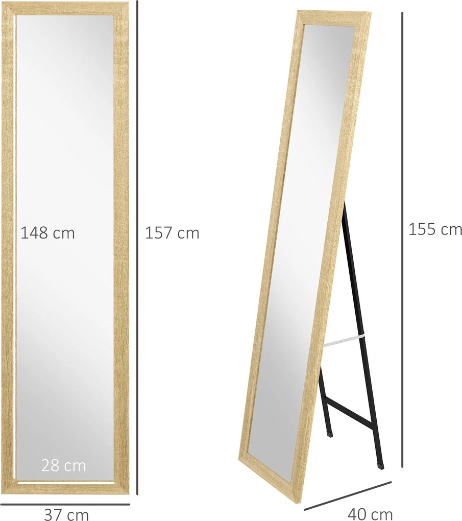 HOMCOM Obdélníkové Zrcadlo na Stěnu nebo Stůl s Dřevěným Rámem do Obývacího Pokoje a Ložnice 37 x 157 cm Přírodní Dřevo | Aosom