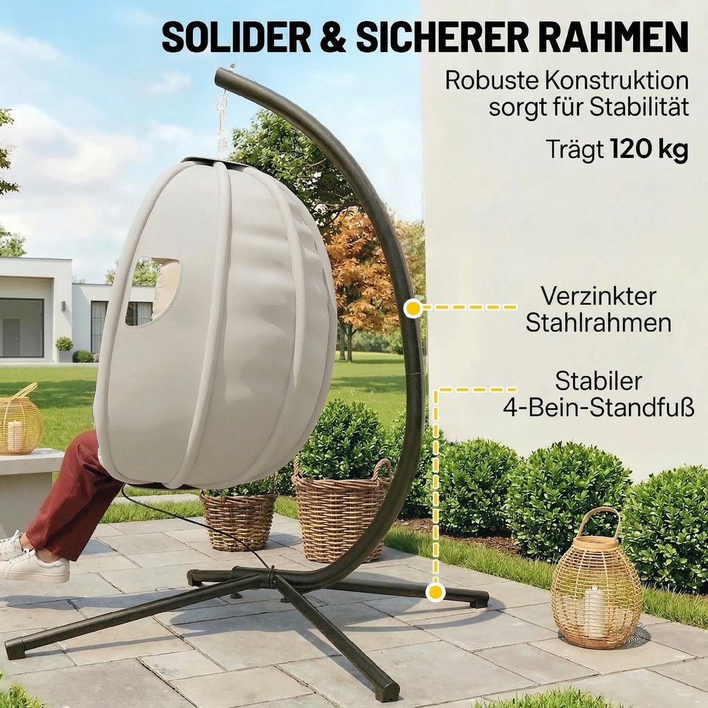 Závěsné křeslo s rámem, skládací Závěsný koš se silnými sedáky výškově nastavitelný bezpečnostní pás do 120 kg