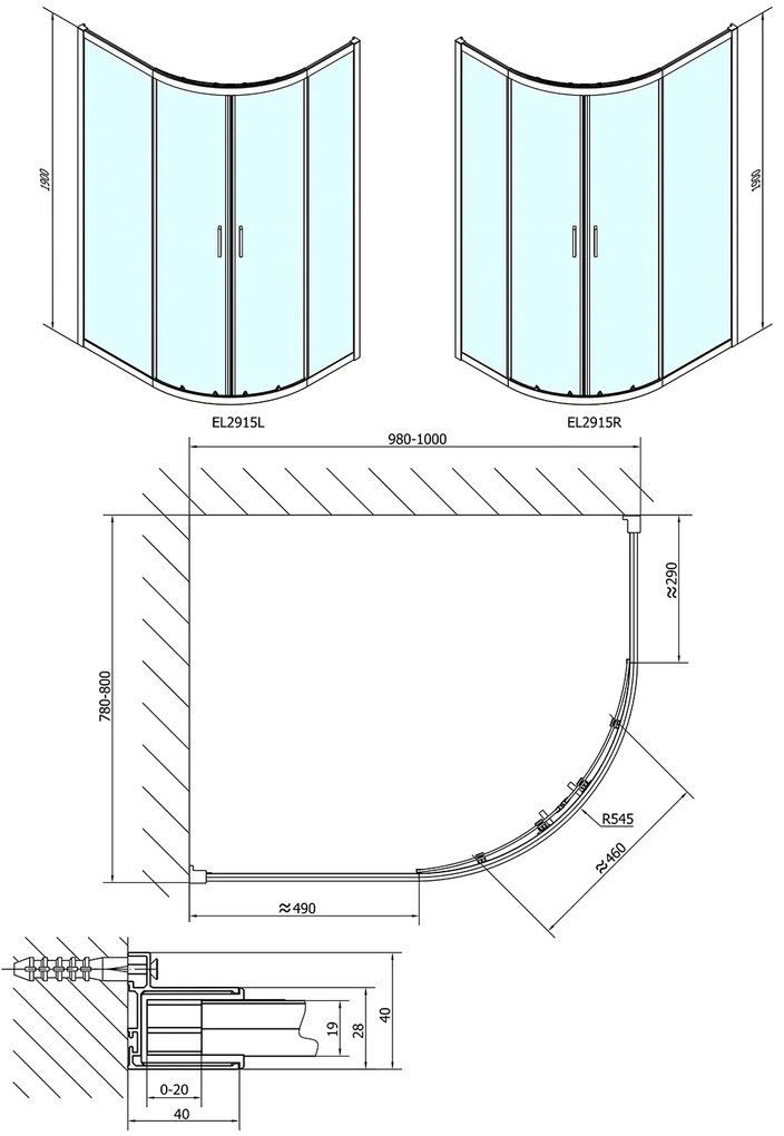 Polysan, EASY LINE čtvrtkruhová sprchová zástěna 1000x800mm, L/R, čiré sklo, EL2915