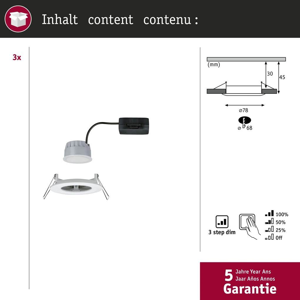 Paulmann 93496 LED Coin Nova round, set kulatých bodovek v matně bílé úpravě, LED 3x6,5W 2700K tříkrokové stmívání, prům. 7,8cm, IP44