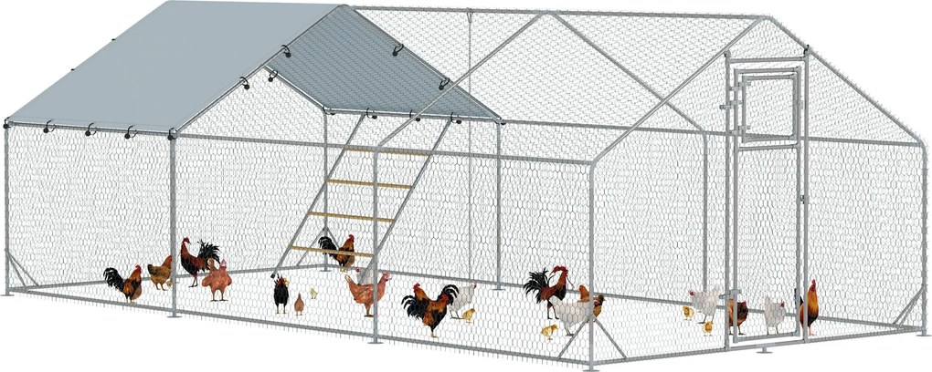 PawHut Kurník pro slepice z oceli, 3 x 6 x 1,95 m s UV-odolným pokryvem, krmícími dveřmi, visícím krmítkem, trúnící tyčí, kurník pro 18-24 slepic a ma