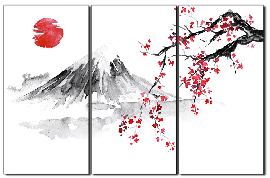 Obraz na plátně - Tradiční sumi-e obraz: sakura, slunce a hory 1271B (120x80 cm)