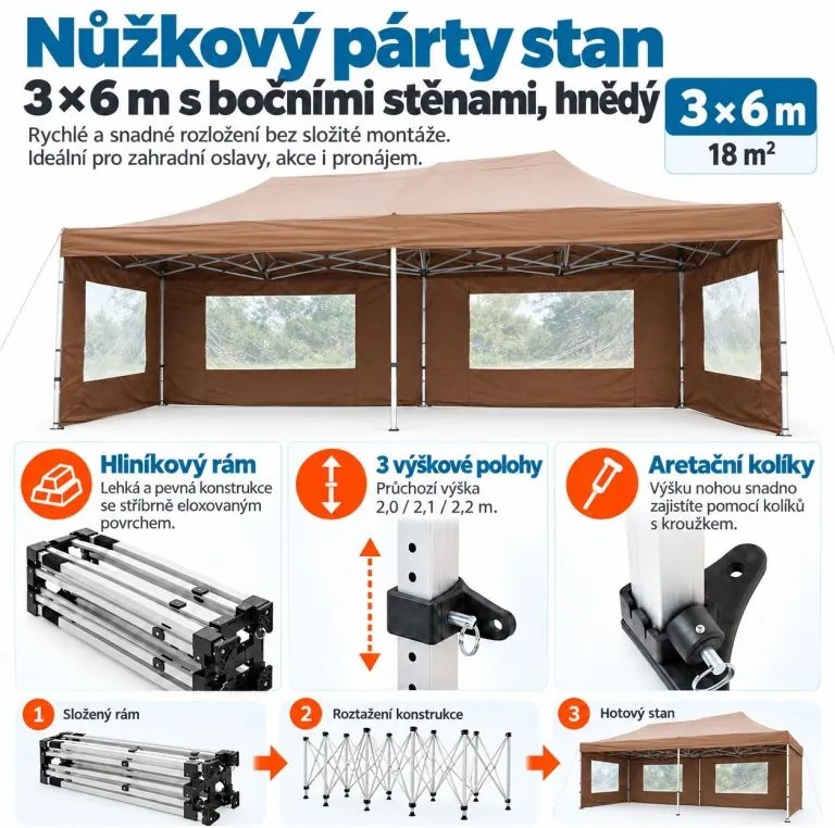 Nůžkový párty stan 3 × 6 m s bočními stěnami, béžový