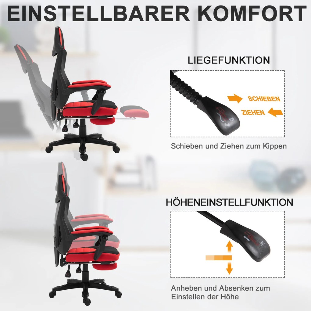 Herní židle Vinsetto Ergonomická kancelářská židle s výškově nastavitelnou podnožkou polyester černá červená 58 x 72 x 112-122 cm pro kancelář a hran…