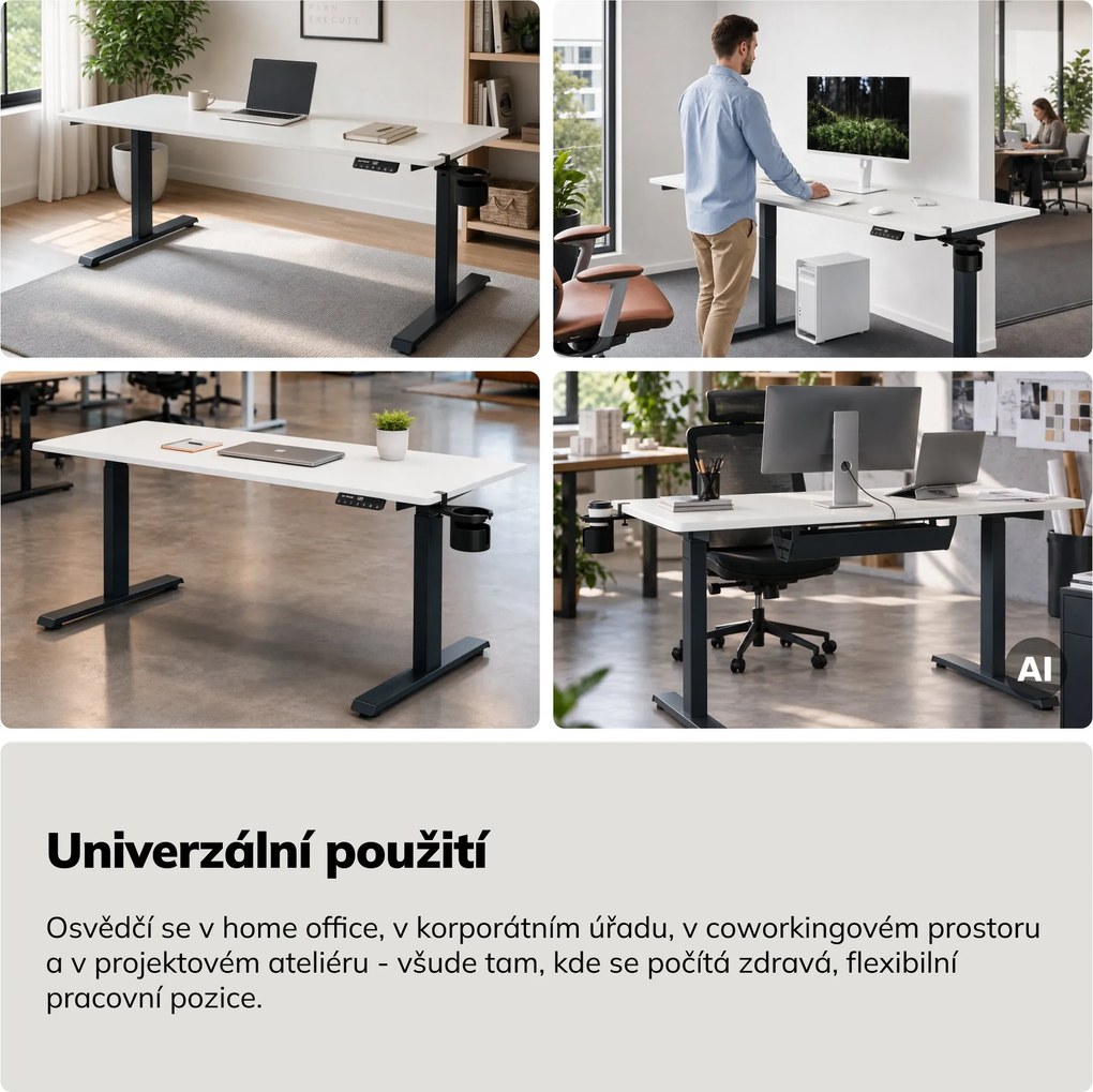 Elektrický stůl s nastavením výšky ergonomický antracitově-bílý, 1600x800 mm: ARIA