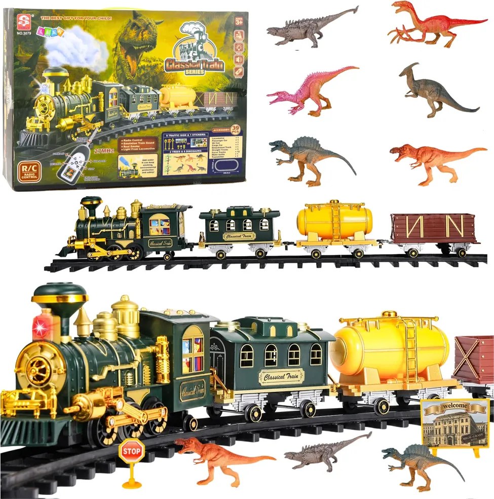 LEAN Toys Klasický vláček na dálkové ovládání Dinosauři – světla, zvuky, dým, 39 ks
