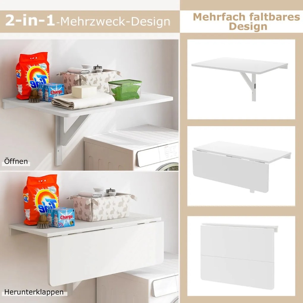 Costway Nástěnný skládací stůl šetřící prostor Skládací – 80 × 60 cm, bílý