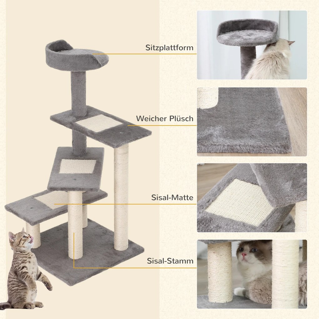 PawHut stabilní kočičí strom, nosnost 15 kg, schody pro kočky, 3 stupně, béžová, šedá, 48,5 x 48,5 x 100 cm | Aosom