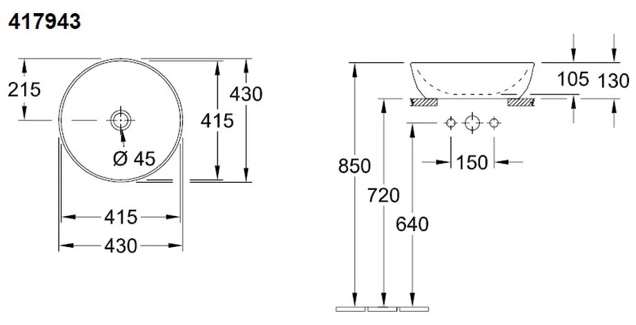 VILLEROY & BOCH Villeroy Boch ARTIS: umyvadlo na desku, průměr 430mm bez plochy pro baterii, bílá Alpin, 41794301