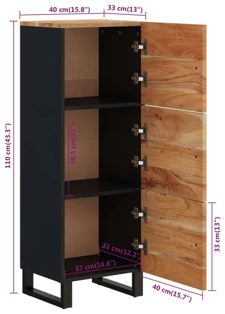 Komoda Se 3 Dvířky 40 X 33 X 110 Cm Masivní Akácie A Železo - Hnědá / 60 cm