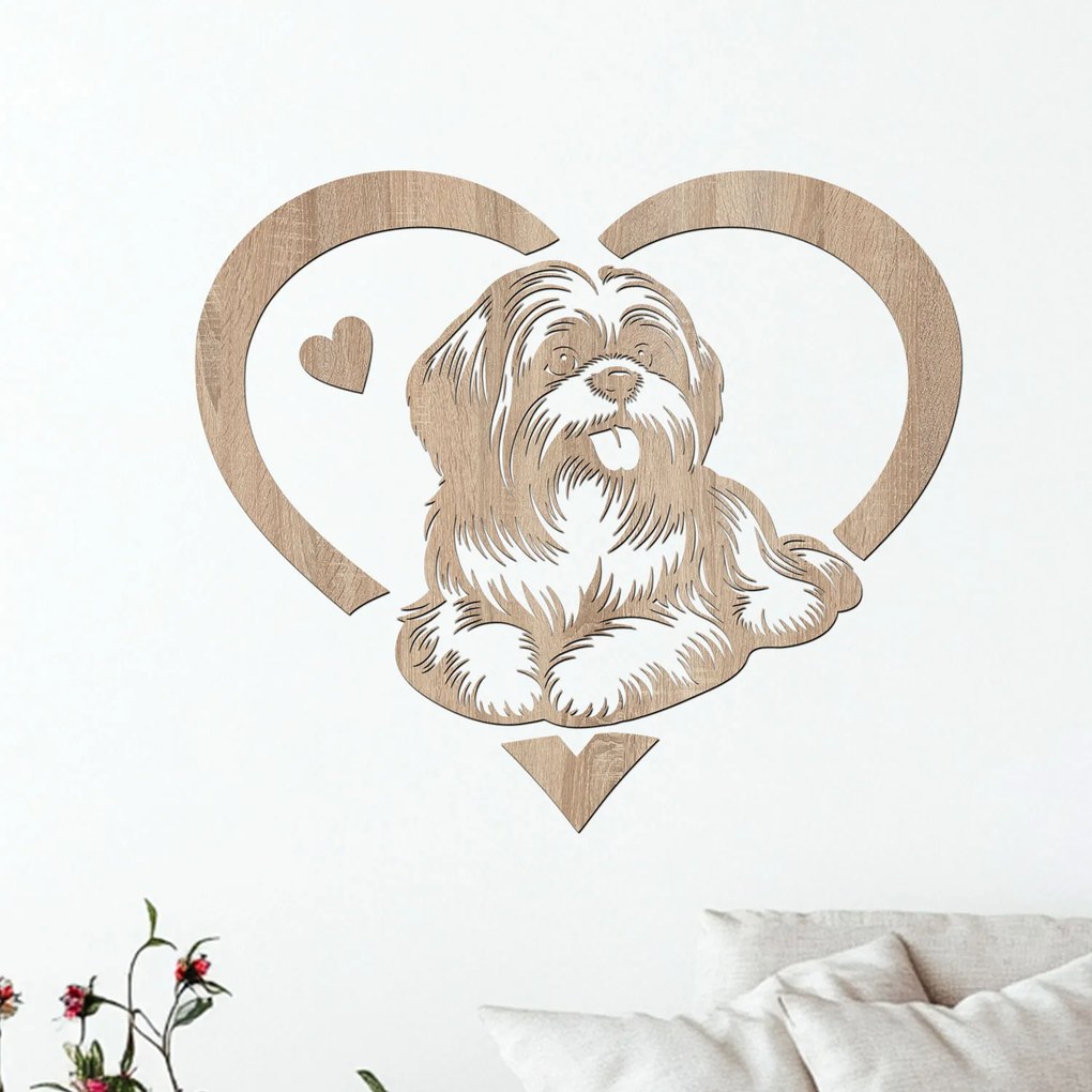 dřevo života Dřevěný obraz ležícího SHIH TZU v srdci Zvolte rozměr (cm): 60x52, Zvolte barvu dekoru: Buk