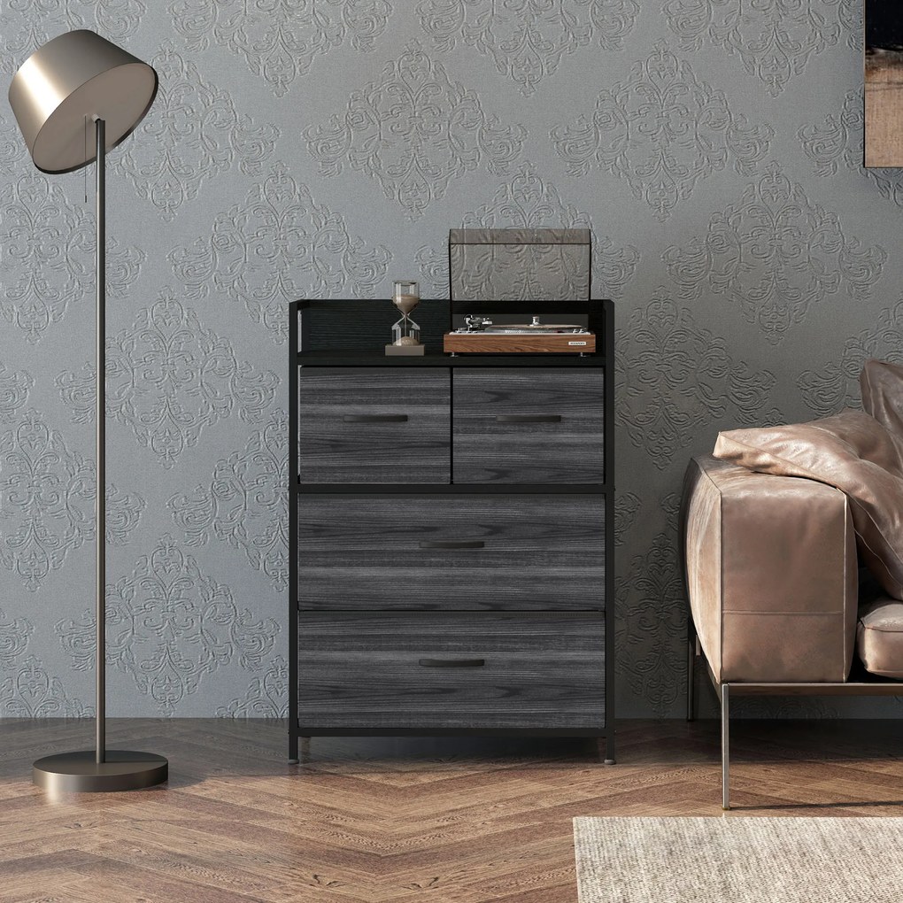 HOMCOM komoda, sideboard, 4 látkové zásuvky, průmyslový design, 60x29x85 cm, černá