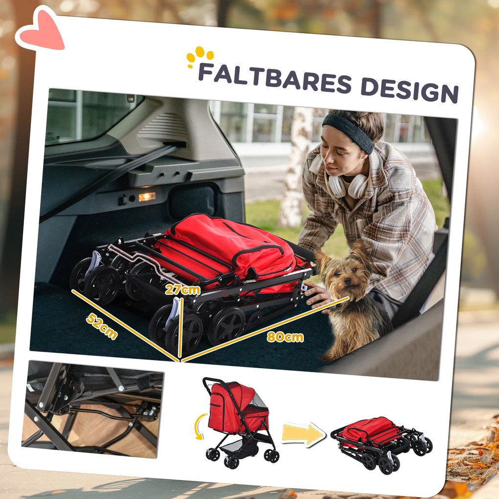 PawHut Kočárek pro psy Oxford Red 76,5x52x95cm Malí psi a kočky