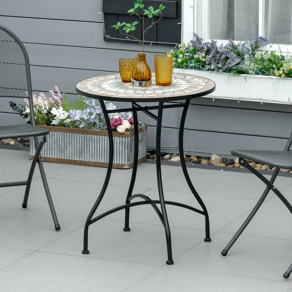 Zahradní stůl mozaikový stůl kulatý bistro stůl boční stůl s mozaikovou deskou keramický kov zelený+béžový+bílý Ø60 cm