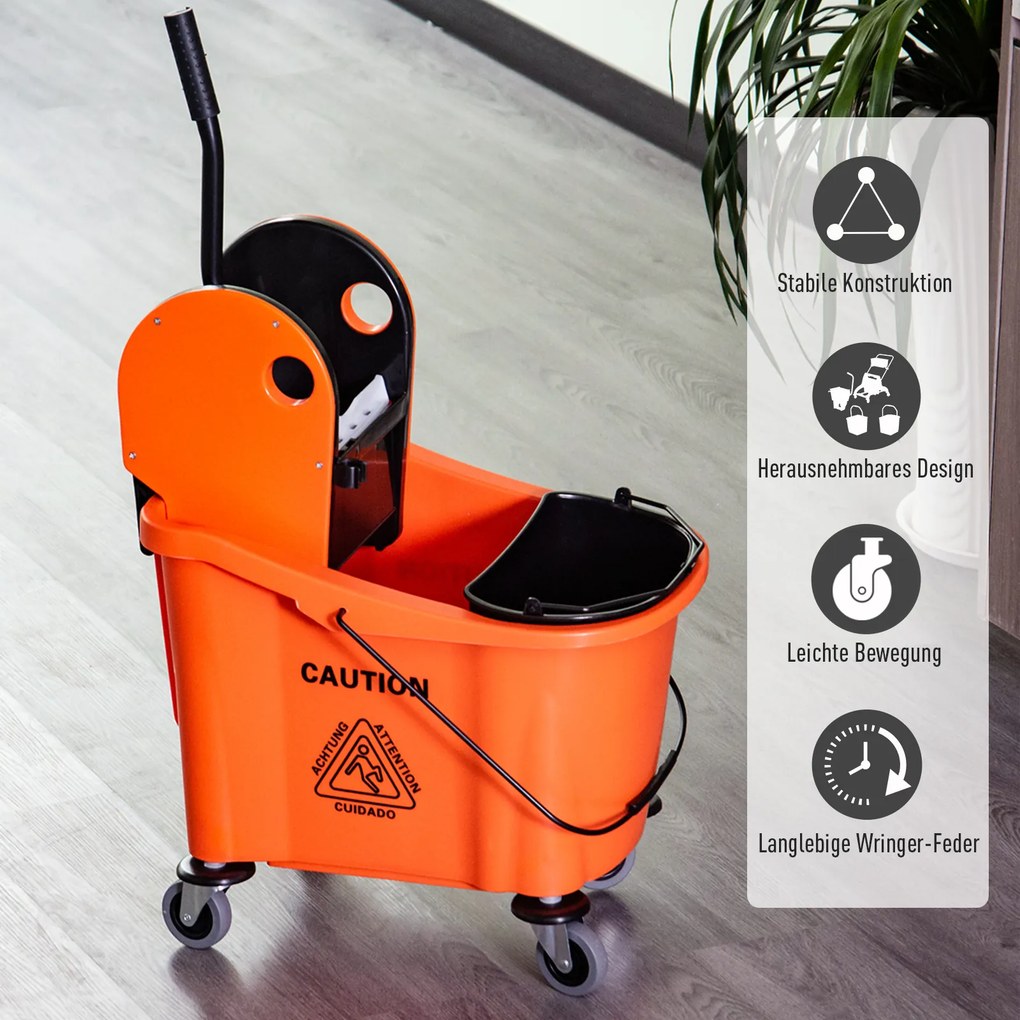 HOMCOM Úklidový vozík s košem na kolečkách a ždímačkou 36 l černý/oranžový 54x41x91,5 cm pro profesionální úklid