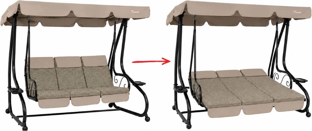 GardenLine Luxusní zahradní houpačka s lůžkem a držáky na nápoje pro 3 osoby 200 × 120 × 164 cm SORENTINO Mesh Taupe béžová
