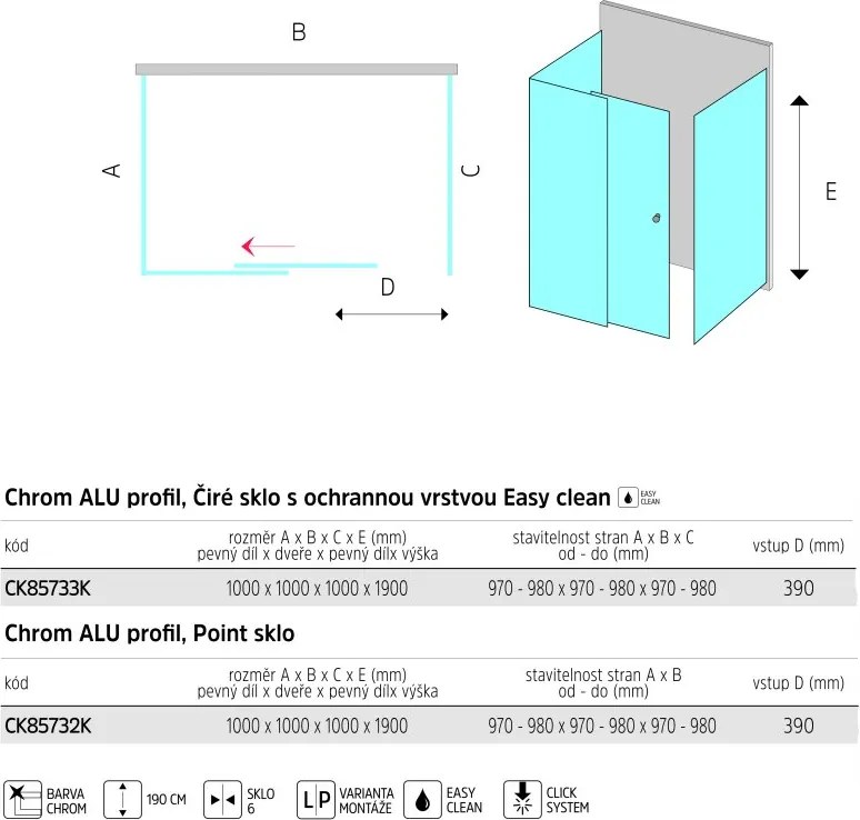 Mereo Mereo, Sprchový kout, LIMA, čtverec, 100x100x100x190 cm, chrom ALU, sklo Čiré, CK85733K