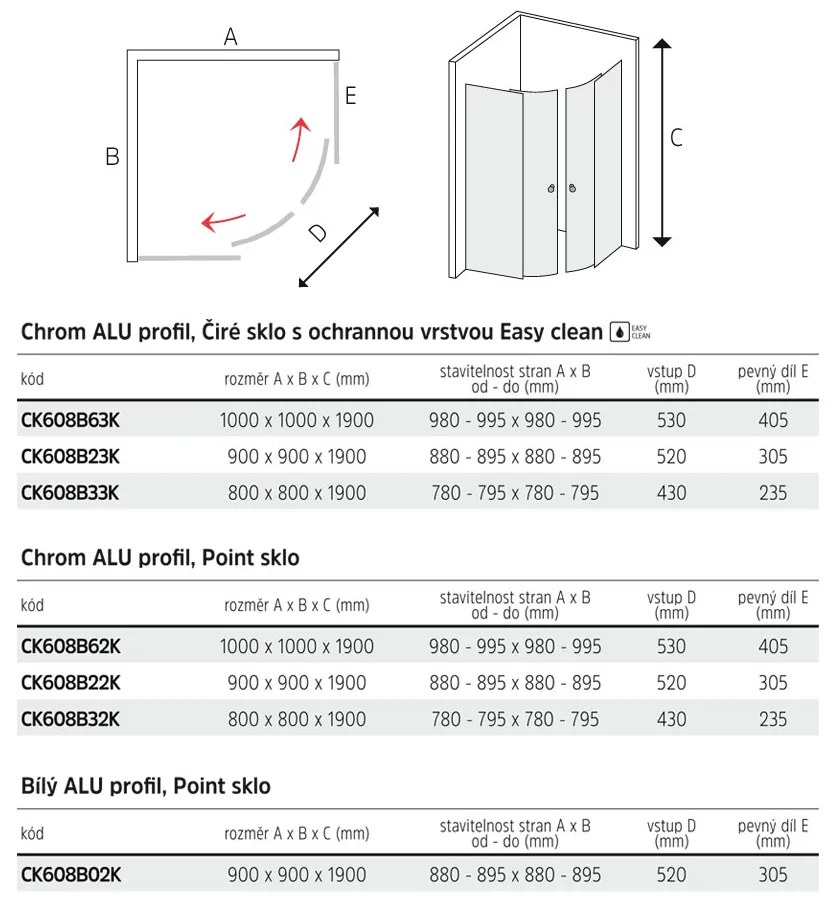 Mereo Lima sprchový kout čtvrtkruh 90 x 90 x 190 cm vanička litý mramor dvoukřídlé lesk chrom Point CK608B22KM