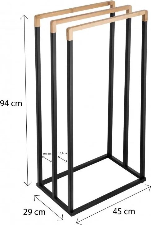 Erga Bila, 3-ramenný věšák na ručníky na postavení 45x29x94 cm, černá matná-hnědá, ERG-YKA-P.BILA3-BLK