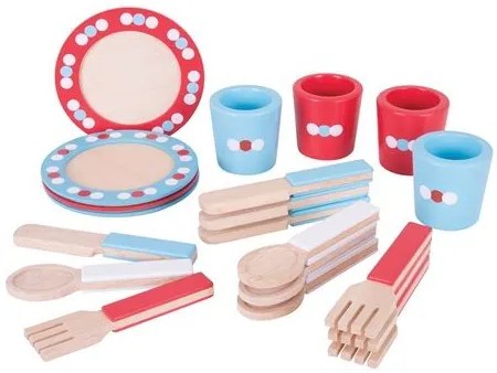 Bigjigs Toys Dřevěný jídelní servis s puntíky
