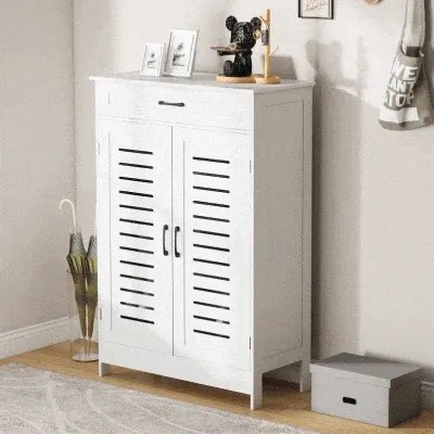 HOMCOM Botník s lamelovými dveřmi, zásuvkou a nastavitelnými policemi pro 20 párů bot, 78x37x115,8 cm, bílá