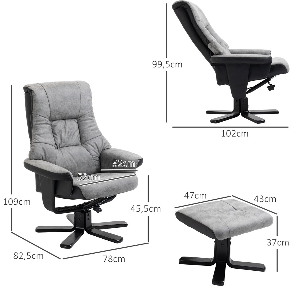 HOMCOM polohovací křeslo s taburetem, otočné TV křeslo s funkcí polohování, mikrovlákno šedé, 78x82,5x109 cm, ideální pro obývací pokoj a relaxaci | …