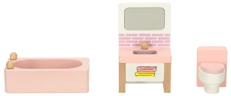 Creative Corner Domeček pro panenky nábytek obývací pokoj ložnice koupelna kuchyně dřevěný růžový