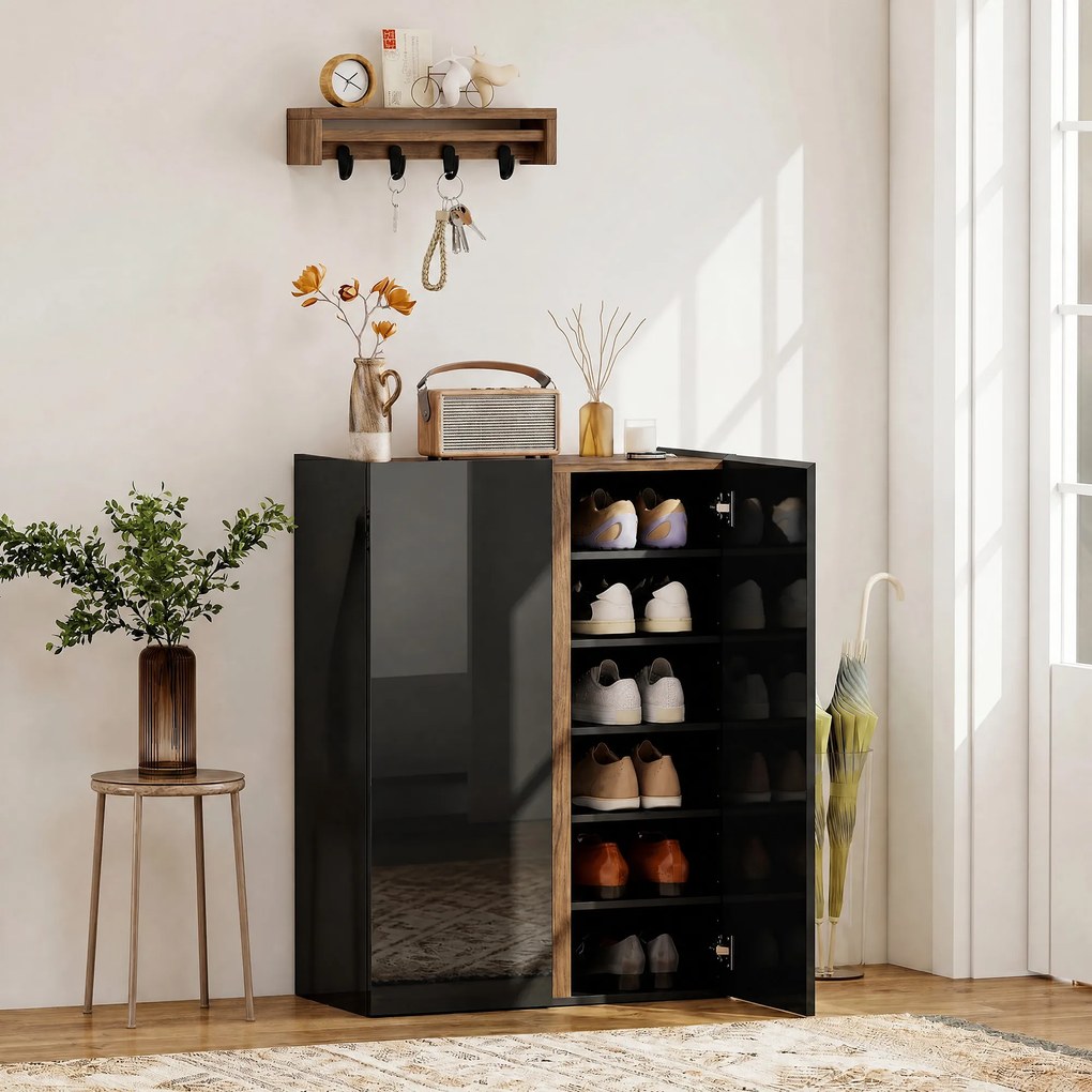 Skříňka na boty HOMCOM s bezpečnými soft‑close dveřmi, 6 polic, až 18 párů, bezúchytový design, vysoce lesklá černá