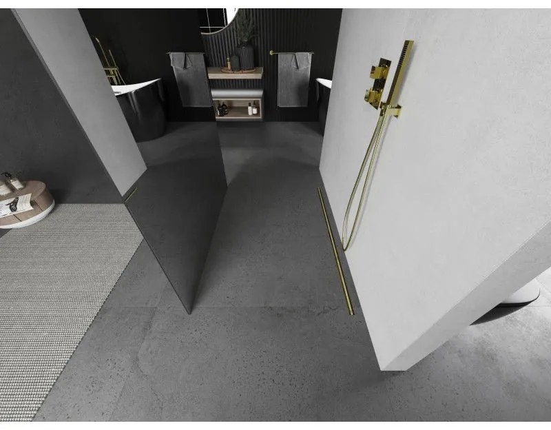 Mexen Kioto, sprchová zástěna Walk-In 120 x 200 cm, 8mm sklo vzor zrcadlo, zlatý matný profil, 800-120-002-55-50