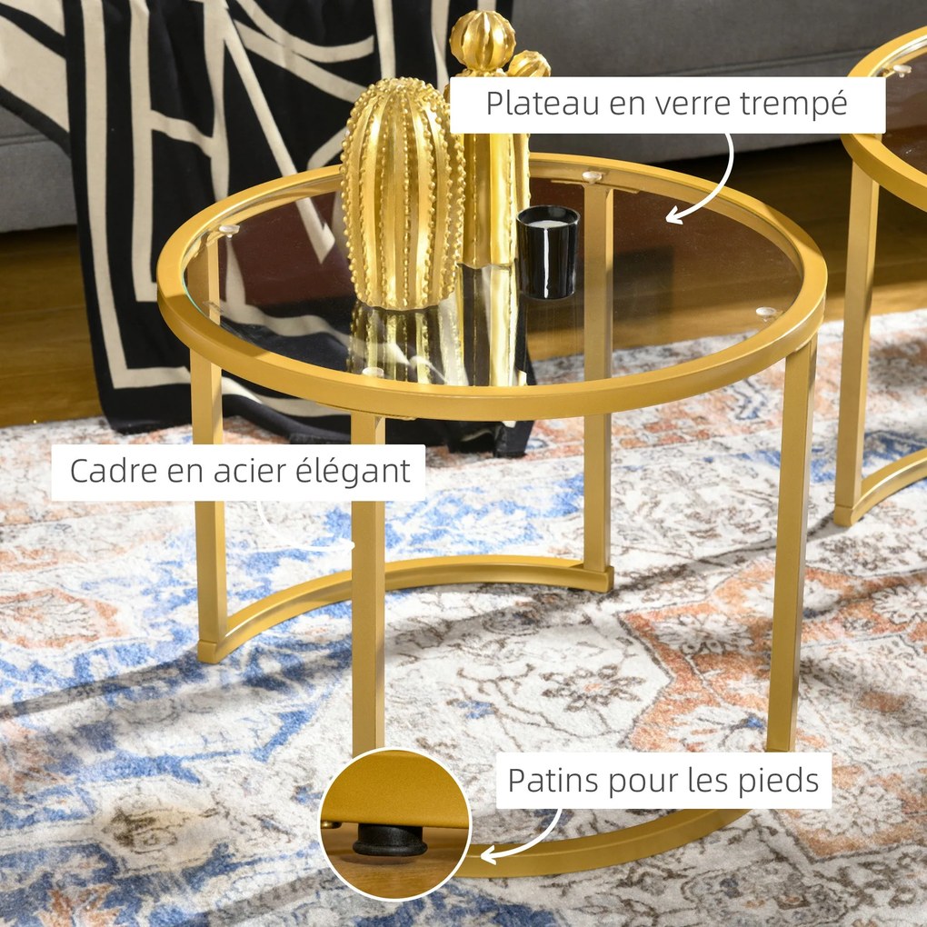 HOMCOM Sada 2 moderních kulatých stolků s variabilní výškou 70/54 cm, se skleněnou deskou a zlatým ocelovým základem