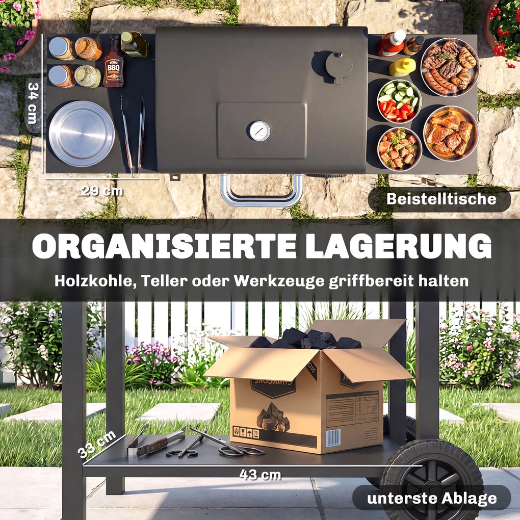 Outsunny gril na dřevěné uhlí s poklopem — BBQ vozík s 2 bočními stolky, velká grilovací plocha, teploměr a kolečka, 110 x 46,5 x 101 cm (černý)