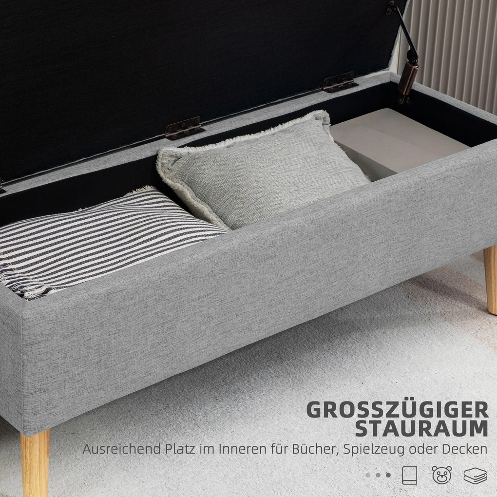 HOMCOM Lavice Čalouněná lavice s úložným prostorem 110 x 39 x 45 cm v šedé barvě se vzhledem lnu do předsíně ložnice obývacího pokoje z kaučukového d…