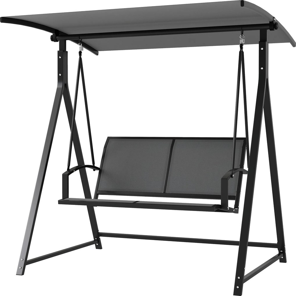 Zahradní houpačka Outsunny 2-místná s nastavitelnou stříškou 90° UV ochrana 30+ a trojúhelníkovým kovovým rámem nosnost 220 kg 160x112x162 cm Tmavě še