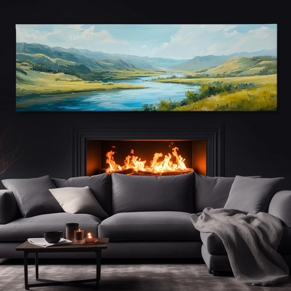 Obraz na plátně - Údolí řeky s malými kopci FeelHappy.cz Velikost obrazu: 180 x 60 cm