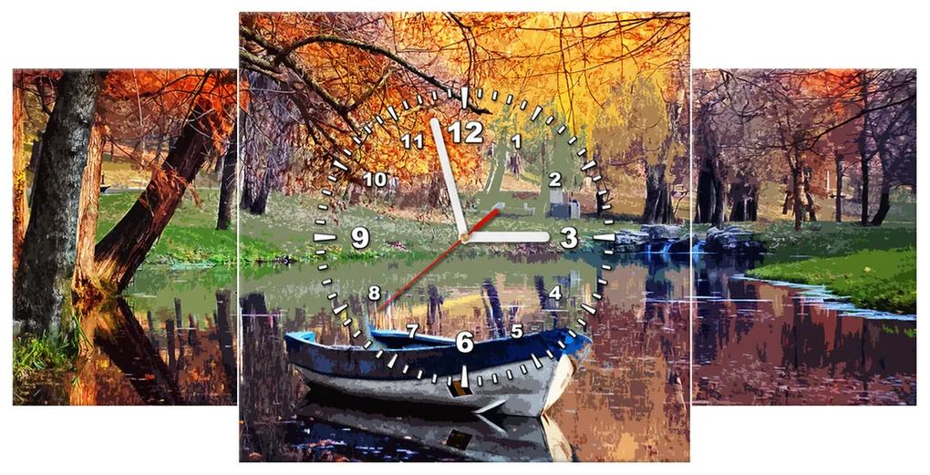 Gario Obraz s hodinami Romantické místo u jezera - 3 dílný Rozměry: 80 x 40 cm