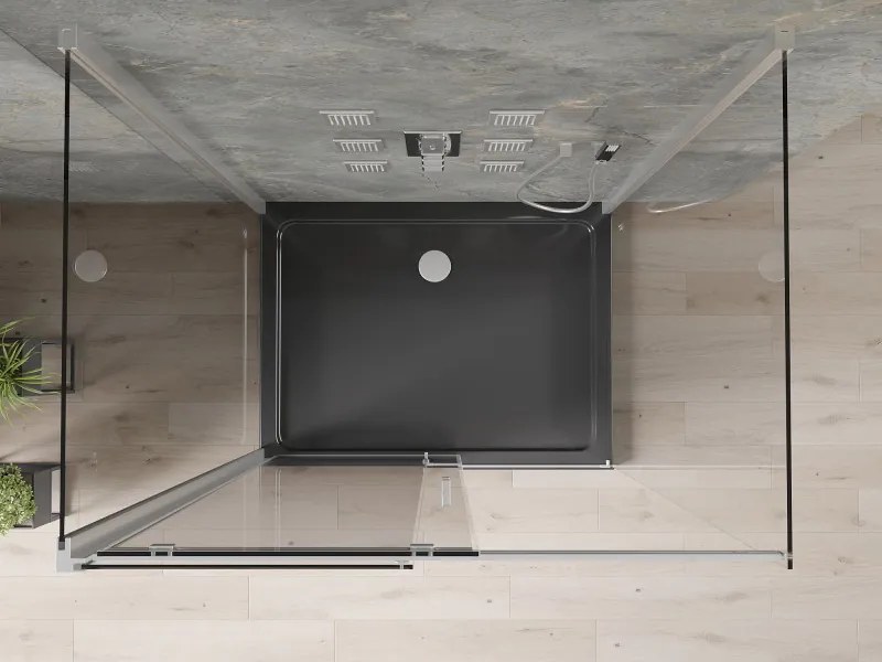 Mexen Omega, 3-stěnový sprchový kout s posuvnými dveřmi 100 (dveře) x 80 (stěna) x 190 cm, 8mm čiré sklo, chromový profil + černá sprchová vanička SLIM, 825-100-080-01-00-3S-4070