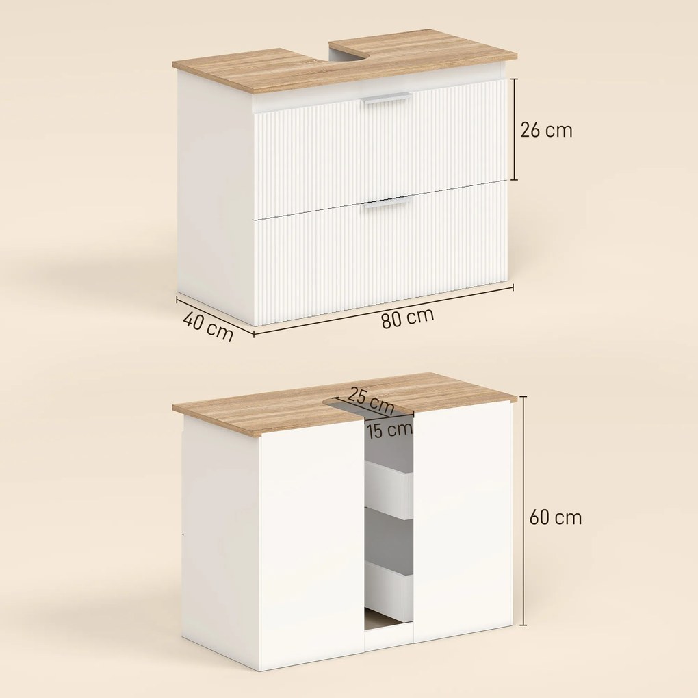 HOMCOM spodní skříňka pod umyvadlo s 2 velkými zásuvkami, dvoubarevná, vhodná pro sloupkové i nábytkové umyvadlo, 80 × 40 × 60 cm, bílá a přírodní