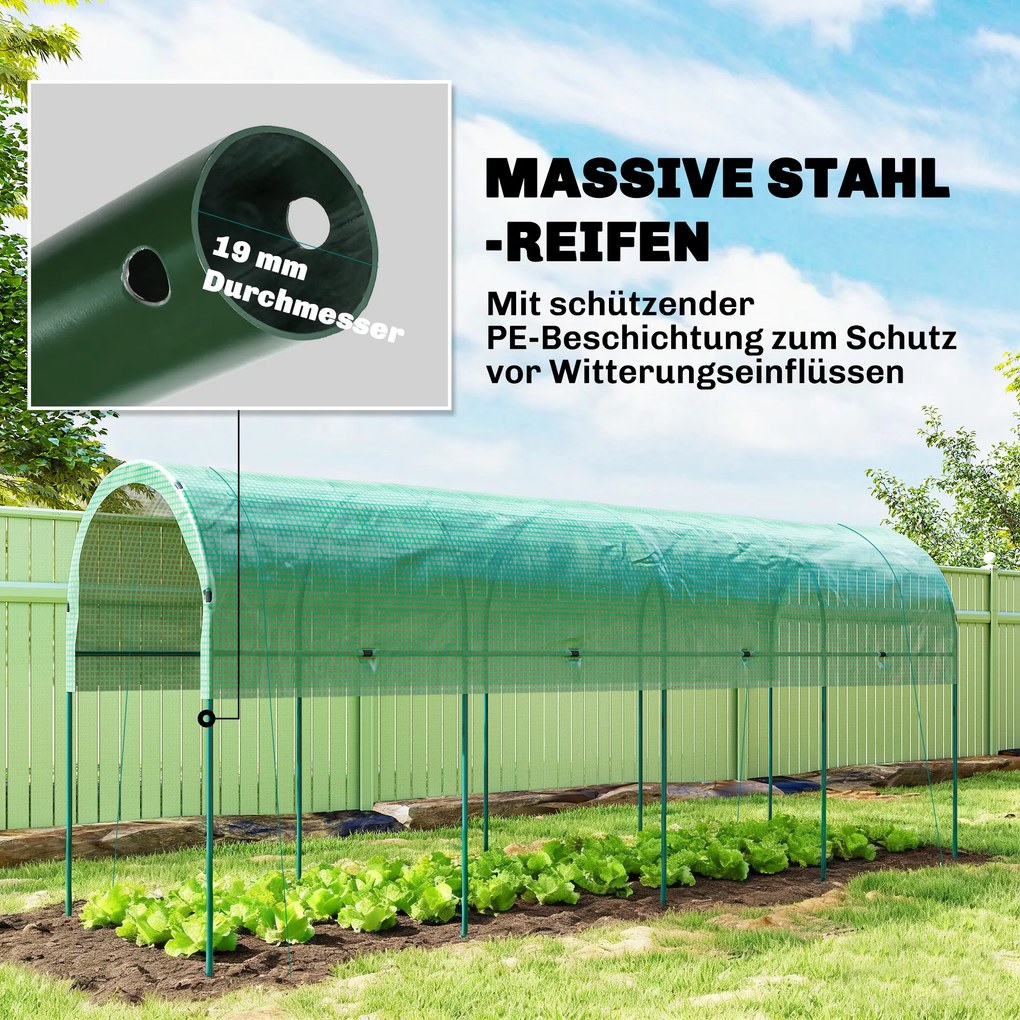 Outsunny zimní tunelový skleník s obloukovou střechou — ocelový rám a zemní kotvy, zasouvací otevřený tunel, 400 × 120 × 170 cm, zelený