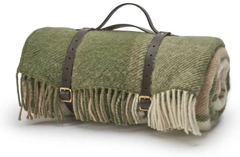 Pikniková vlněná deka Polo Block Check Olive, kožené popruhy, 183x150 cm Tweedmill