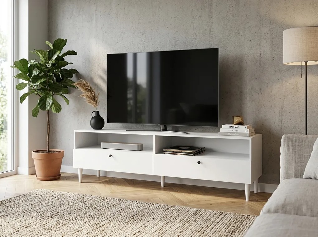 TV stolek s policí a skříňkami DULLUM 200x58cm, bílý