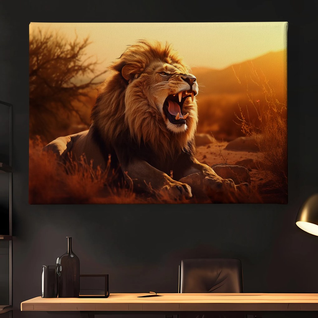Obraz na plátně - Lev zívá v savaně při západu slunce FeelHappy.cz Velikost obrazu: 120 x 80 cm