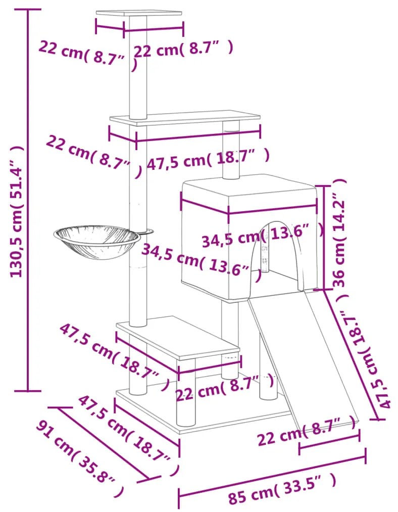 Škrabadlo pro kočky se sisalovými sloupky krémové 130,5 cm