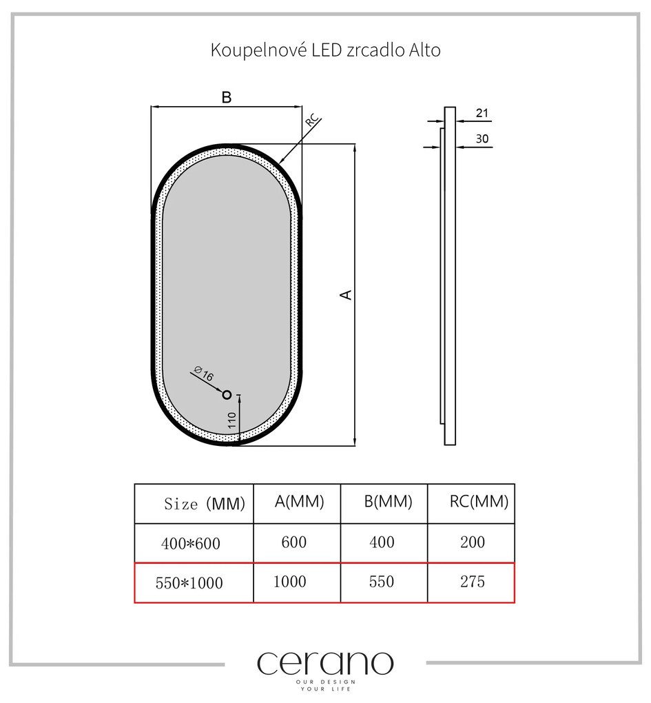 CERANO - Koupelnové LED zrcadlo Alto, kovový rám - černá matná - 55x100 cm