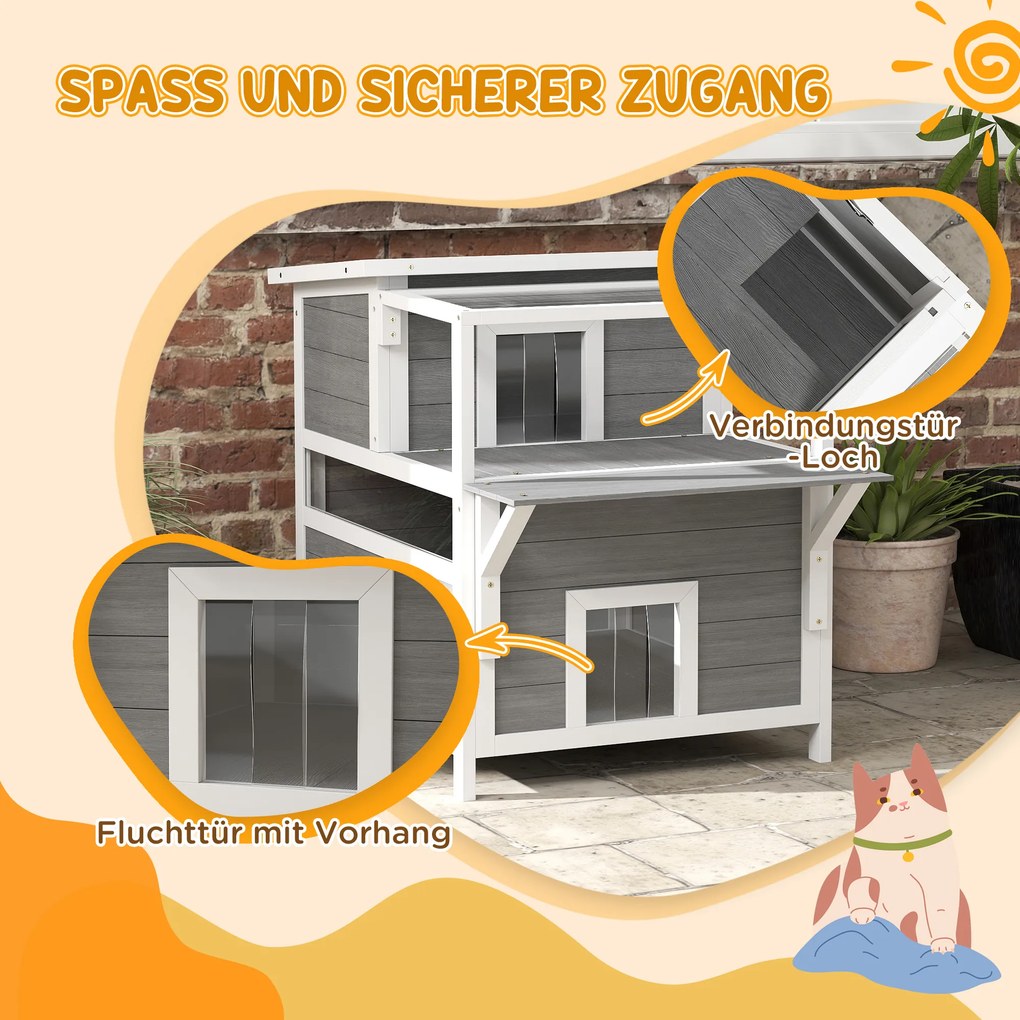 PawHut kočičí jeskyně, kočičí bouda z jedlového dřeva, kočičí domek s balkonem, vchody, pro kočky do 5 kg, venkovní, 64 x 87 x 76 cm, světle šedá
