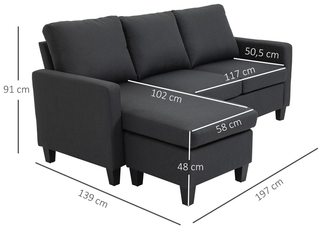 HOMCOM Rohová látková sedací souprava ve tvaru L s oboustranným lehátkem, sedací souprava lněná tmavě šedá 197x139x91cm do obývacího pokoje | Aosom.de