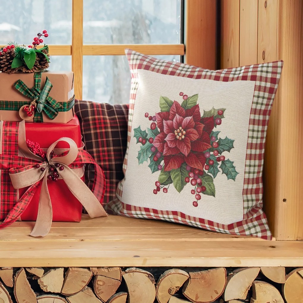 VÁNOČNÍ GOBELÍNOVÁ DEKORAČNÍ POVLAK NA POLŠTÁŘ MERRY 45X45 CM VZOROVANÁ